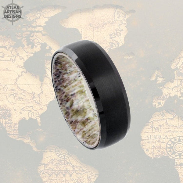 Deer Antler Ring Mens Wedding Band with Beveled Edges, Tungsten Weddin ...