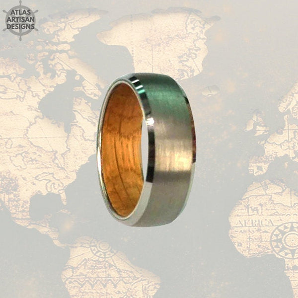 Mens Wedding Band Wood Ring Silver Whiskey Barrel Ring, 8mm Whisky Bar ...